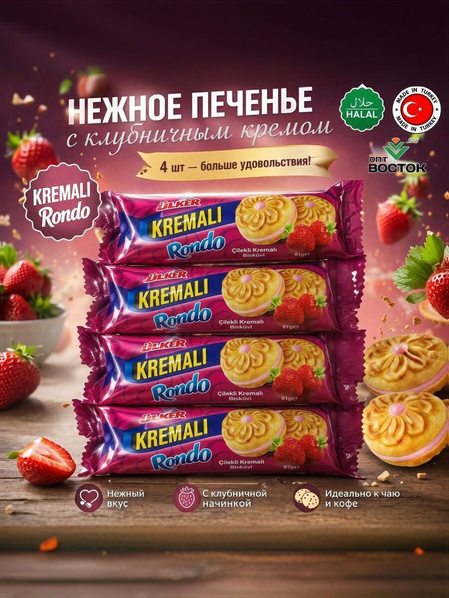 Печенье Kremali Rondo с клубничной начинкой 61г*4шт