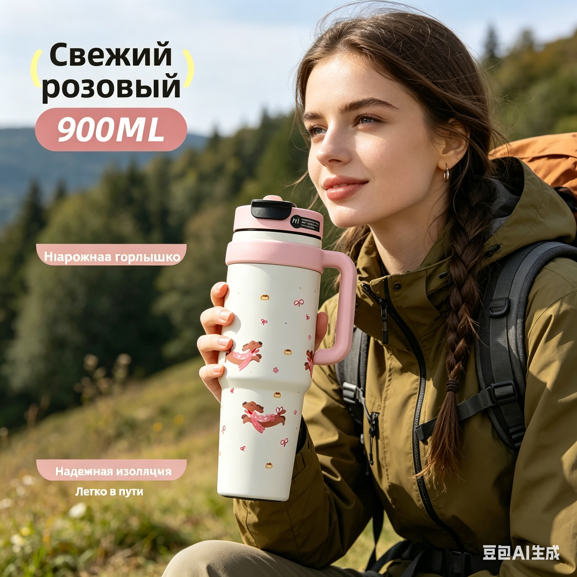 Модная вакуумная колба большой емкости, нержавеющая сталь, 900 мл, розовая