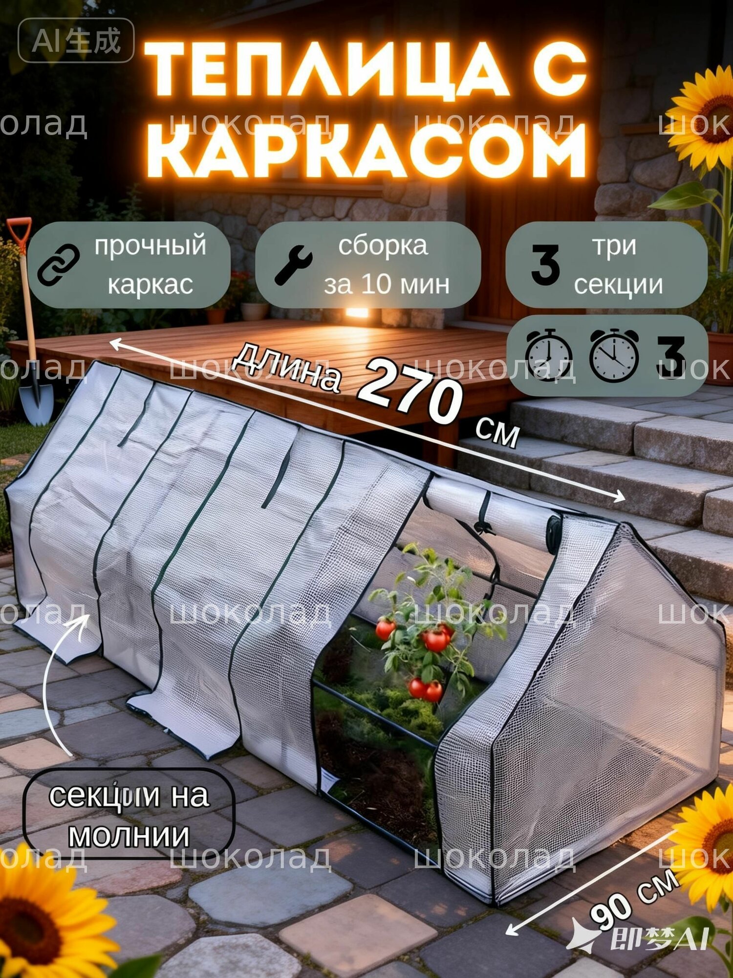 Парник, теплица домиком 2.7х0.9х0.9м,