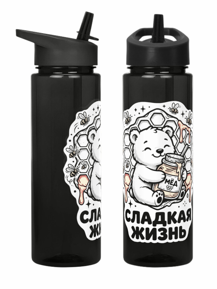 Бутылка черная для воды с принтом Медвежонок с банкой меда Сладкая жизнь