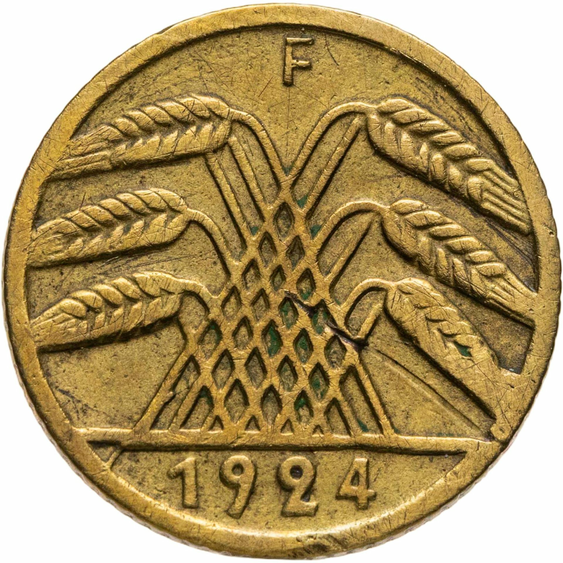 Германия 5 рентных пфеннигов rentenpfennig 1924 F знак монетного двора "F" — Штутгарт, Бронза, в сохранности VF