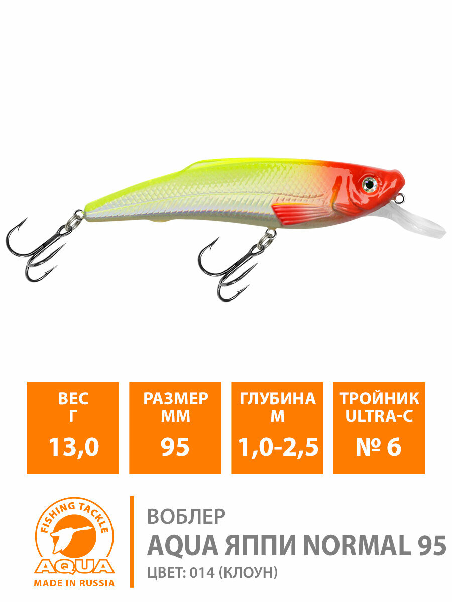 Воблер для рыбалки на щуку, судака, окуня AQUA Яппи Normal 95mm 13g. Воблер для троллинга, спиннинга. Цвет 014