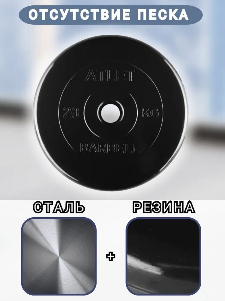 Диск (блин) для гантелей и штанг 20 кг (D 51 мм), обрезиненный, черный. — фото 1