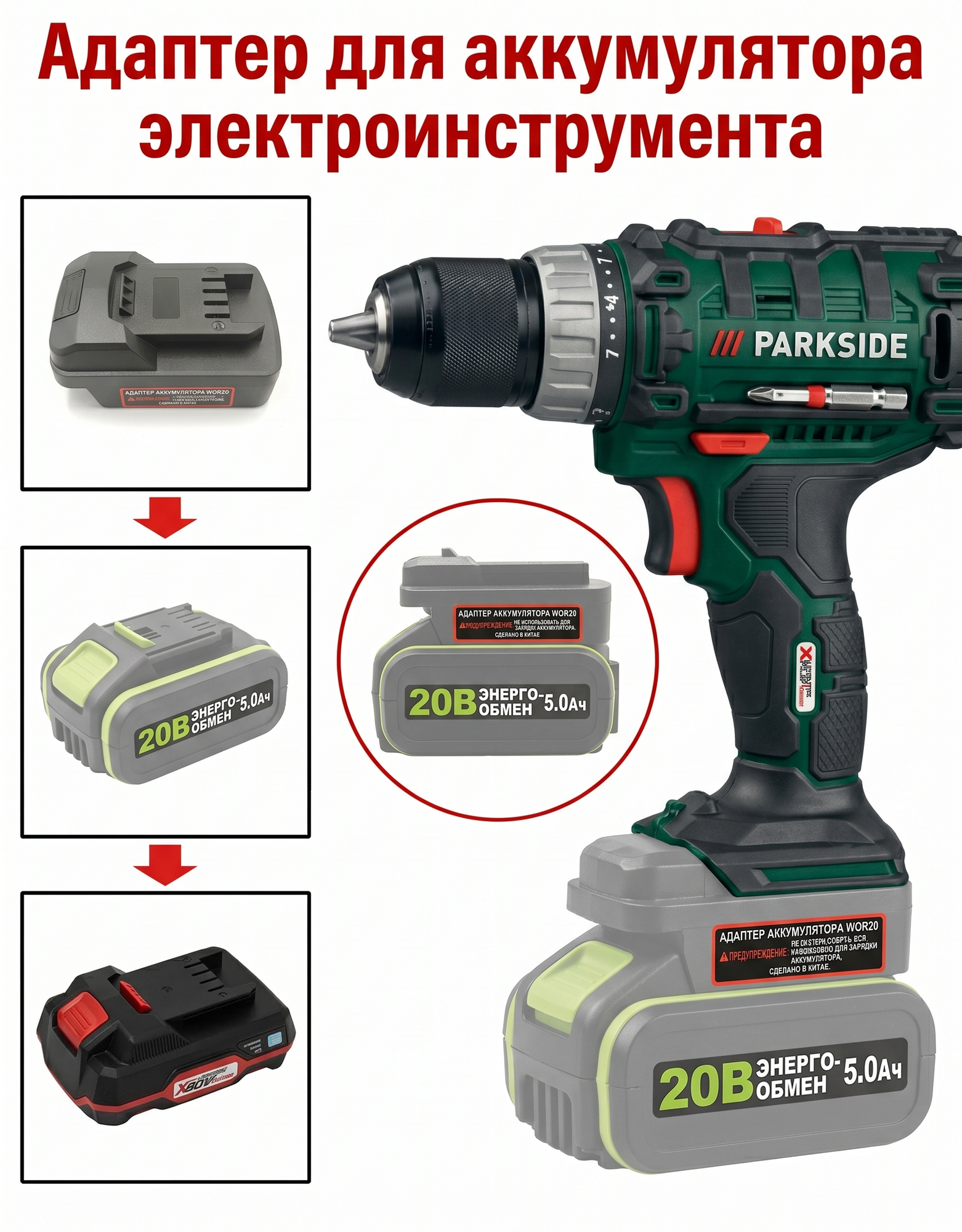 Адаптер для аккумуляторов Worx Green (5 контактов) 20V для инструментов Parkside 20V
