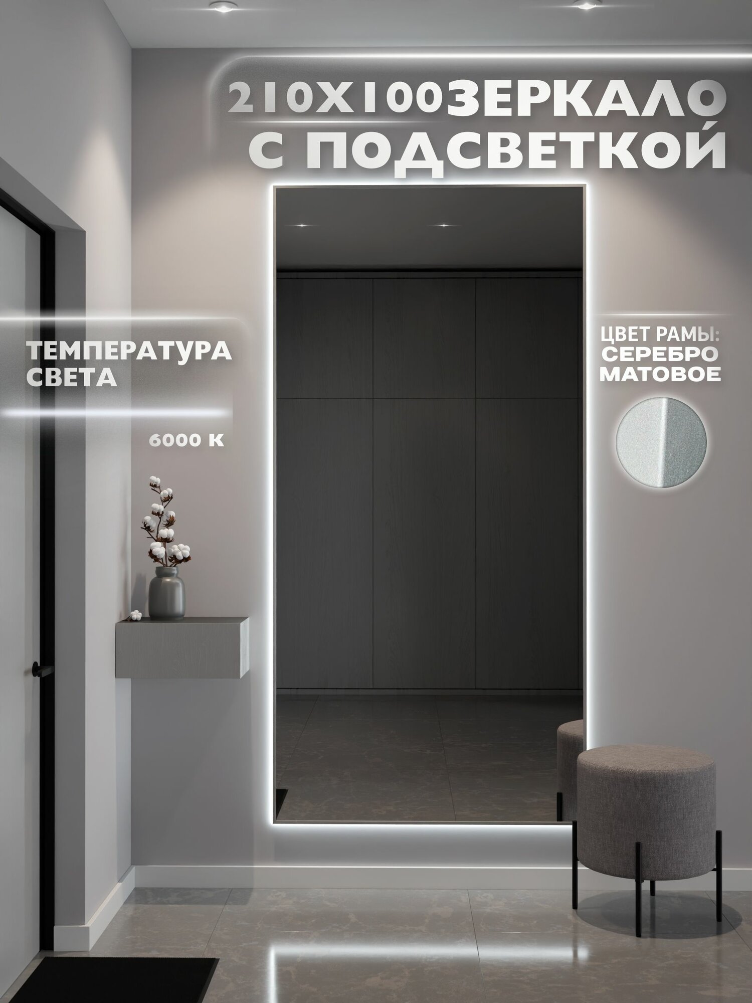 Зеркало настенное 210х100 см. серебро с подсветкой Свет: Холодный белый 6000К В алюминиевой раме интерьерное ONE MARKET
