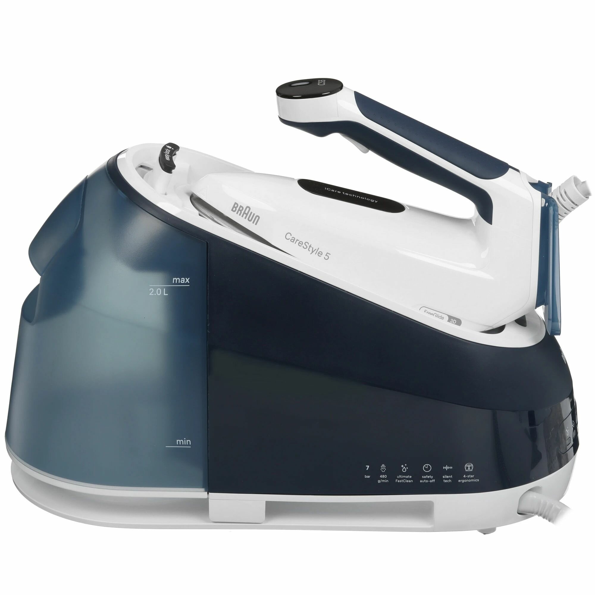 Парогенератор Braun CareStyle 5 IS5245BL, 2400 Вт, паровой удар 480 г/мин, подошва Eloxal 3D Plus, синий/белый — фото 1