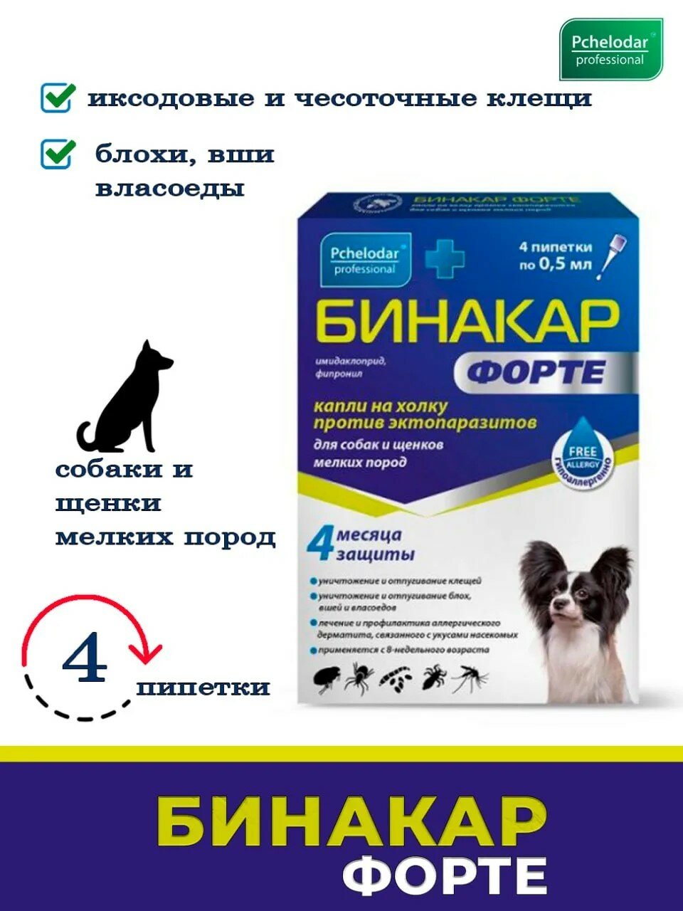 Бинакар форте капли для собак и щенков мелких пород на 2-5кг (4 пипетки по 0,5 мл)
