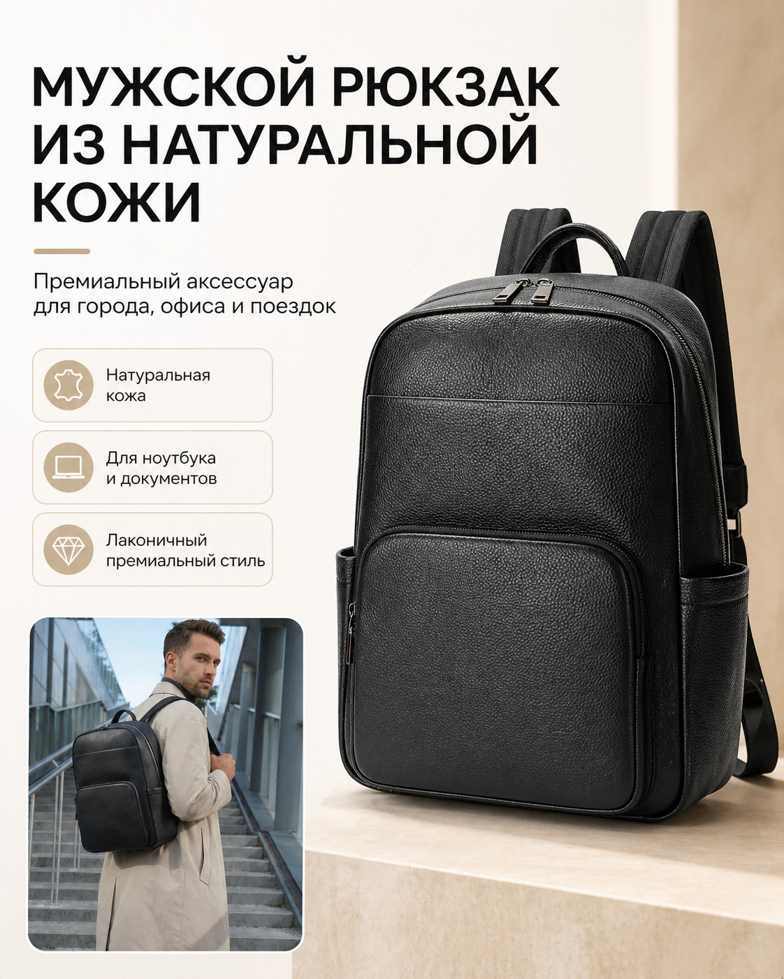 Рюкзак FAUSTINI, натуральная кожа, унисекс, черный для ноутбука