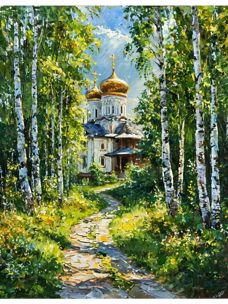 Картина по номерам Храм за березовой рощей 40х50