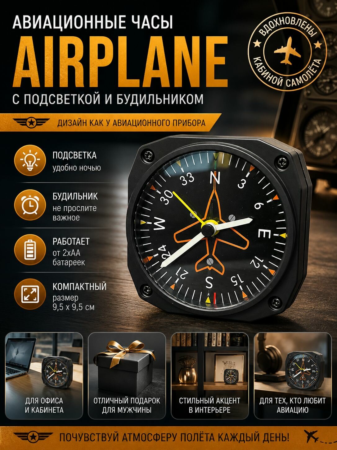 Часы авиационные Airplane с подсветкой и будильником