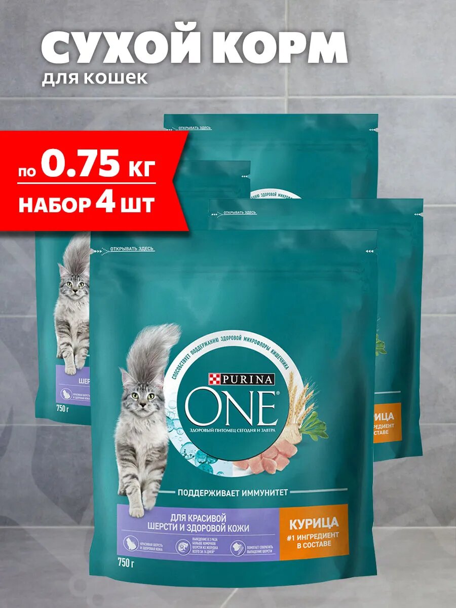 Корм сухой Purina One Elegant для взрослых кошек для здоровья кожи и шерсти, курица и цельные злаки, 750 г х 4 шт