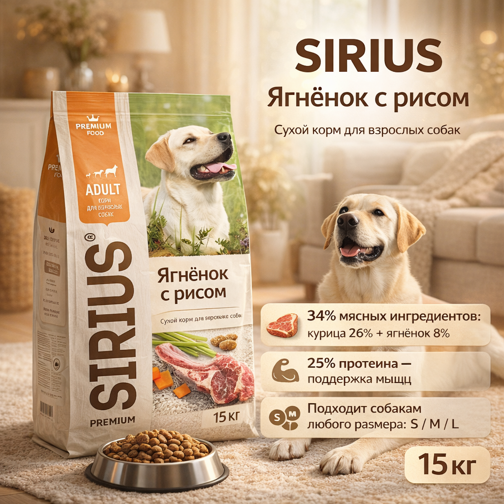 Сухой корм SIRIUS для собак со вкусом Ягненок и рис 15кг