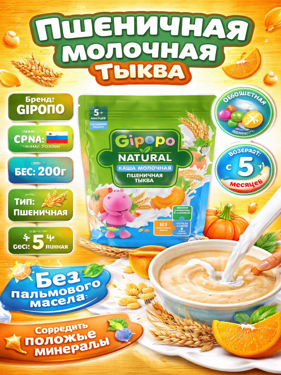 Каша сухая детская Gipopo Пшеничная молочная Тыква с 5 месяцев, 200г