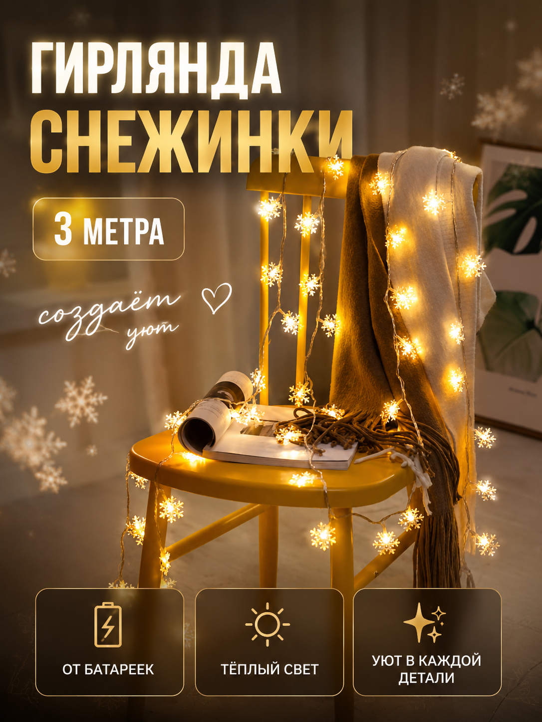 Новогодняя гирлянда Снежинки 3м тёплого света
