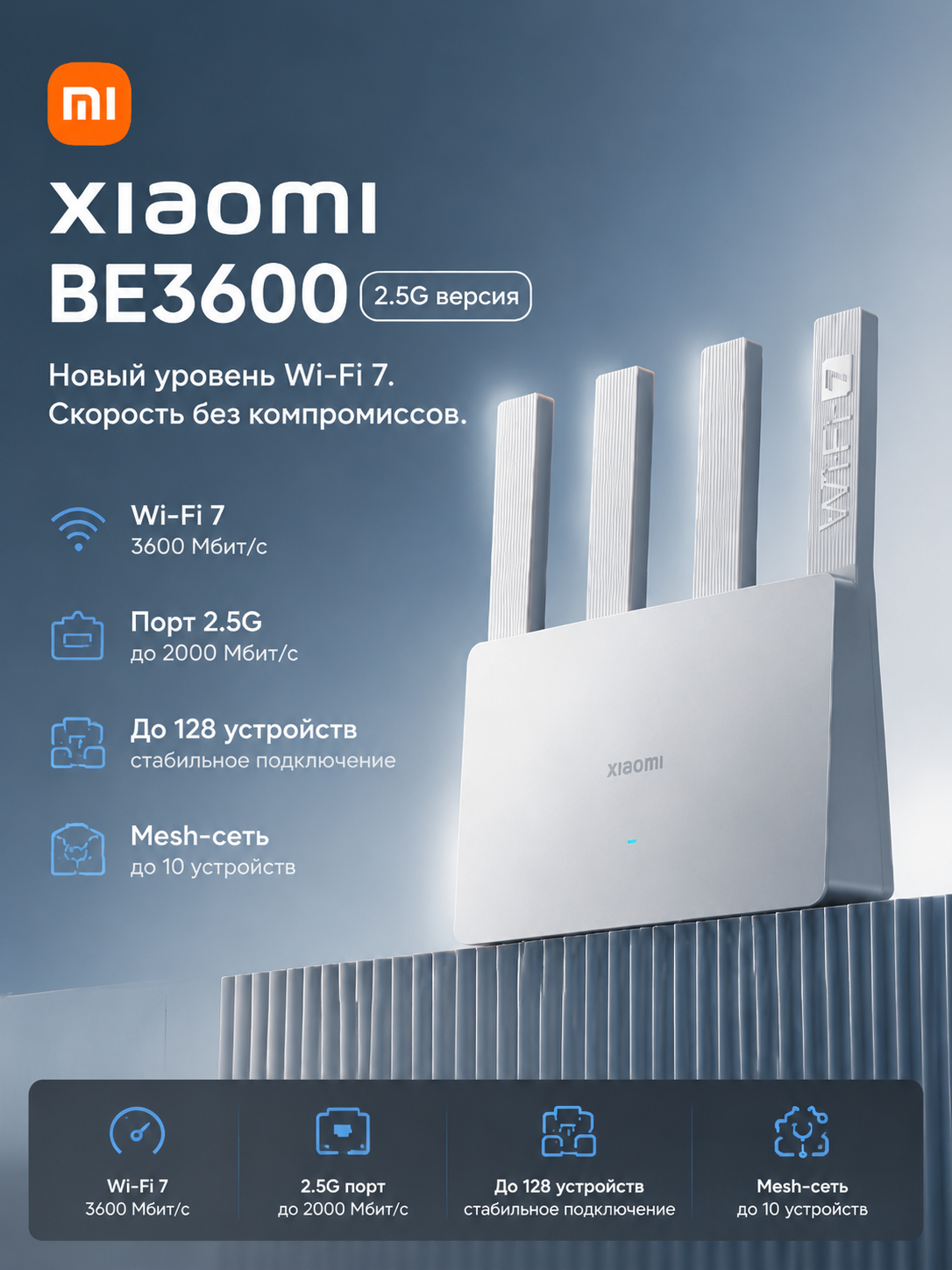 Роутер Xiaomi BE3600 7, Wi-Fi, 2.5 Gbps, крепление на стену, черный