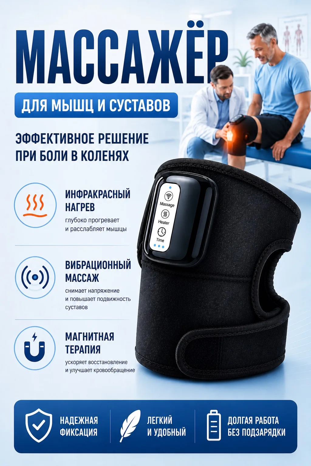 Массажер для коленей электрический для мышц и суставов с подогревом