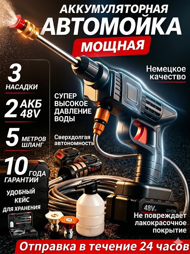 Мойка высокого давления аккумуляторная для автомобиля, Автомойка, в кейсе 2 аккумулятора, 3 насадки