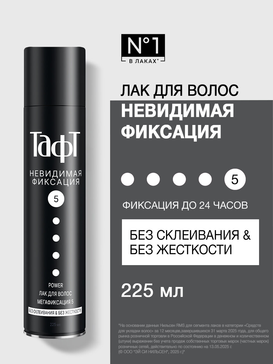 Тафт Лак для укладки волос Power, невидимая фиксация, без склеивания и жесткости, мегафиксация 5, 225 мл