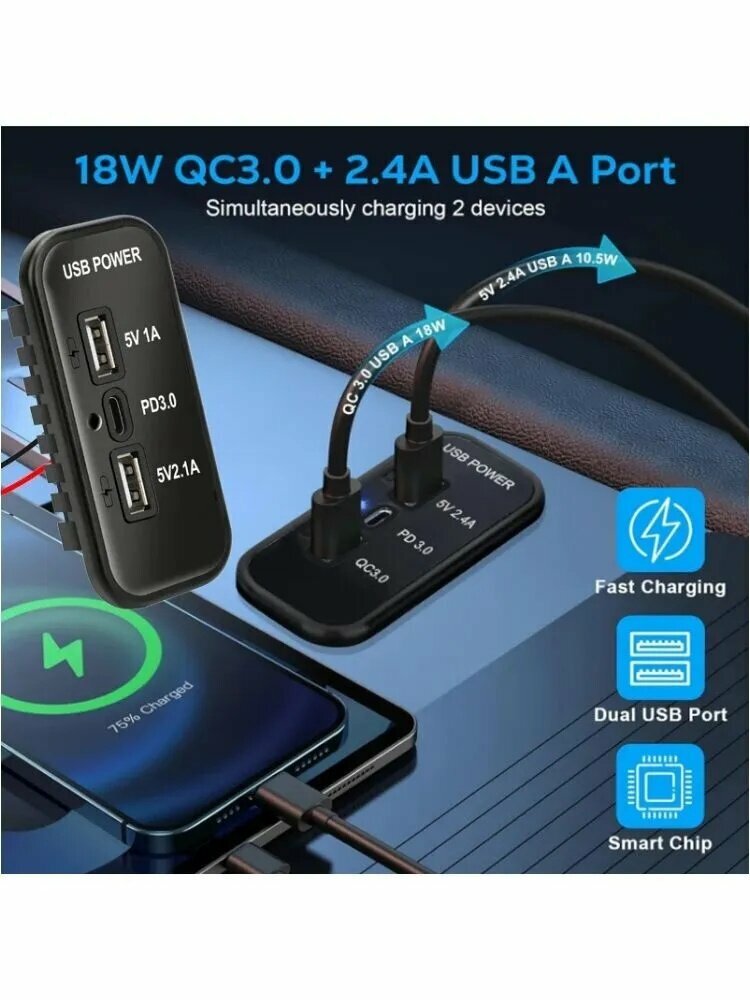 12V-24V Разъём в авто врезной, встраиваемый зарядник в машину 2USB+PD3.0, Подходит для автомобилей/мотоциклов/кораблей.
