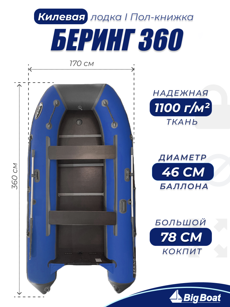 Надувная, под мотор, килевая лодка из ПВХ для рыбалки Bering (Беринг) 360К пол-книжк