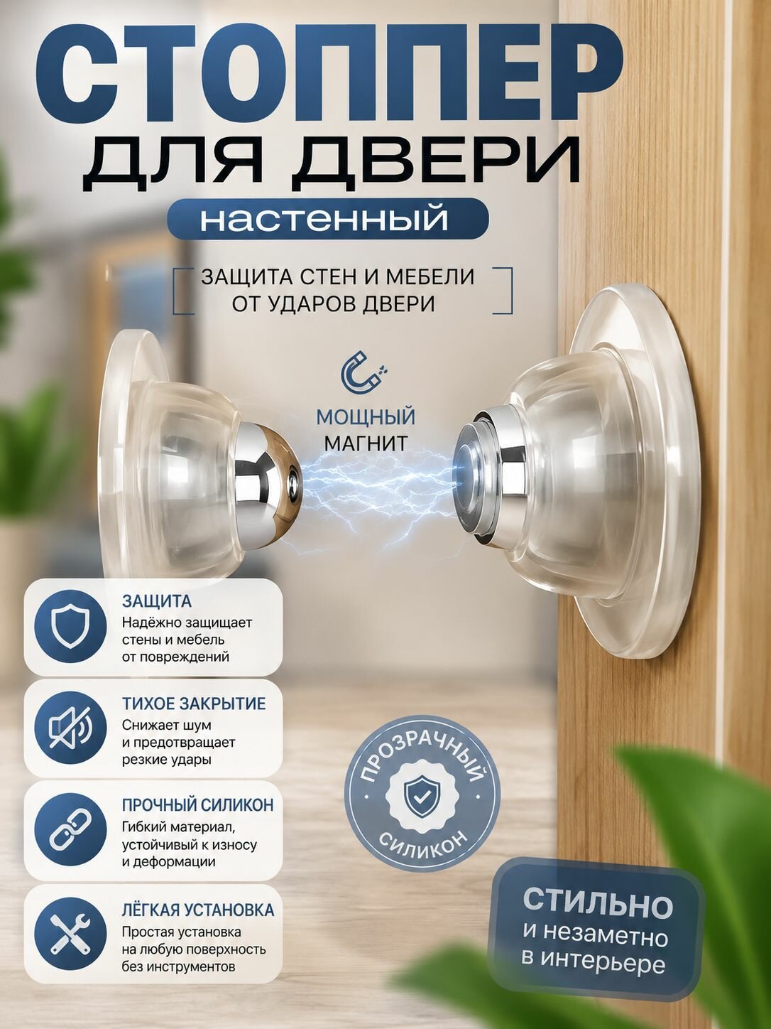 Стоппер магнитный дверной/ с установкой на стену ограничитель хода двери настенный держатель фиксатор