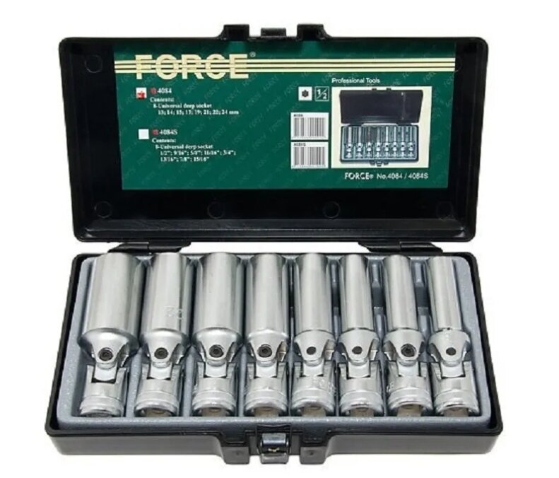 Набор длинных головок FORCE 4084 1/2" 6гр. с карданом 8 предметов