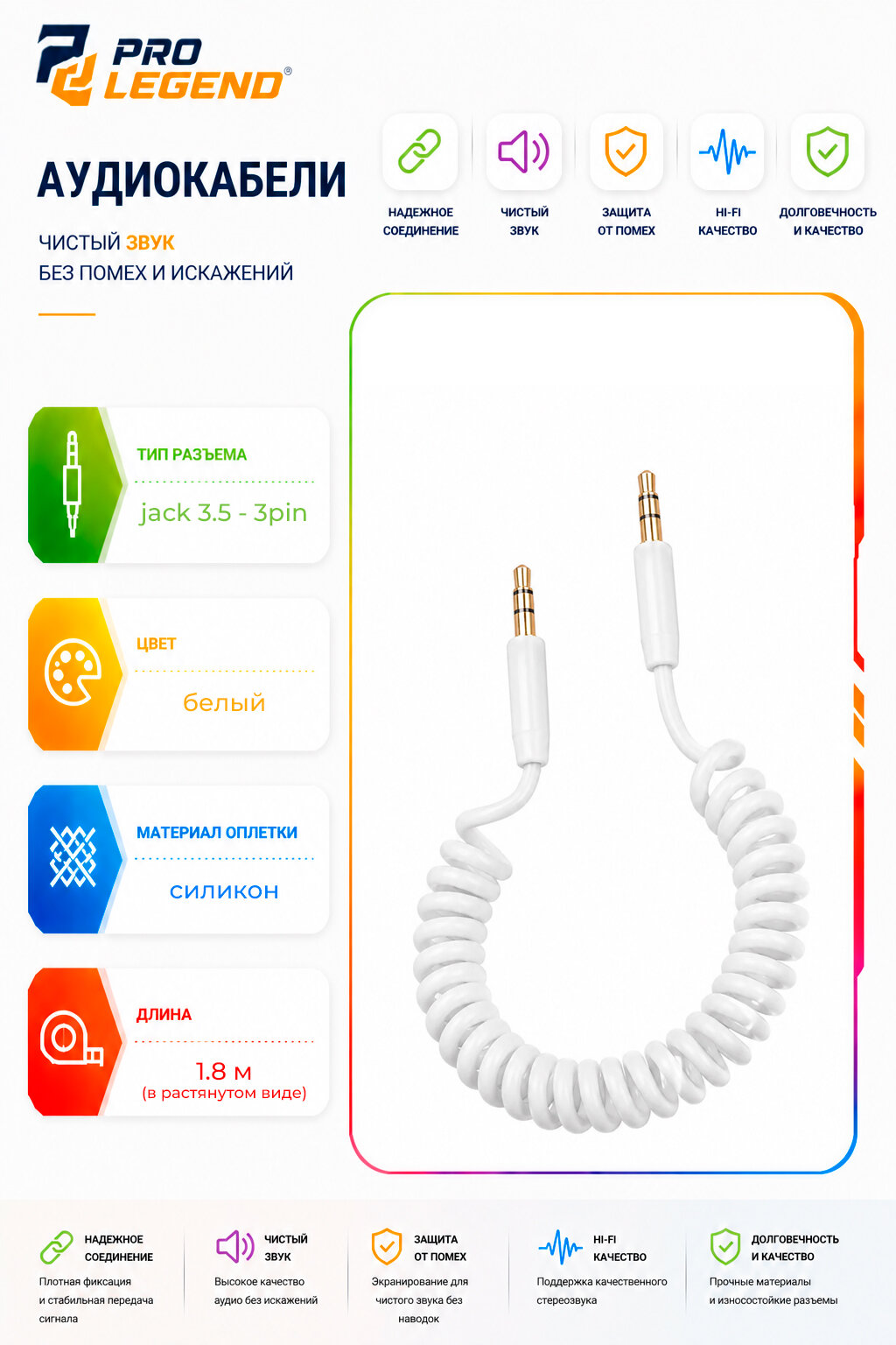 Кабель соединительный , 3.5 Jack (M) - 3.5 Jack (M) спиральный кабель, белый, 2м.