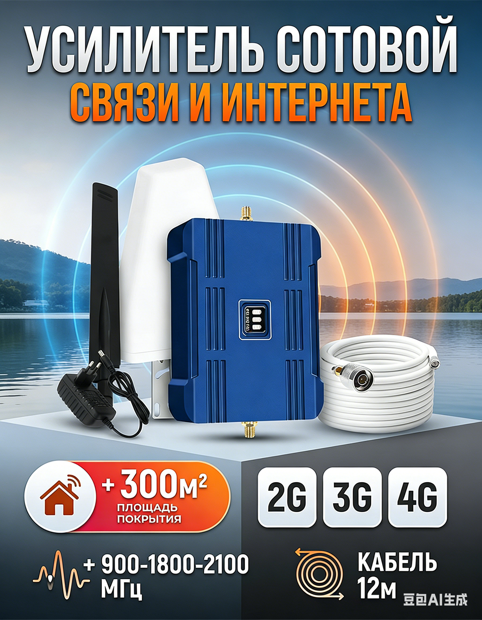 Усилитель сотовой связи 900/1800/2100 МГц (2G/3G/4G): до 70 км, направленный, синий, 1.3 кг