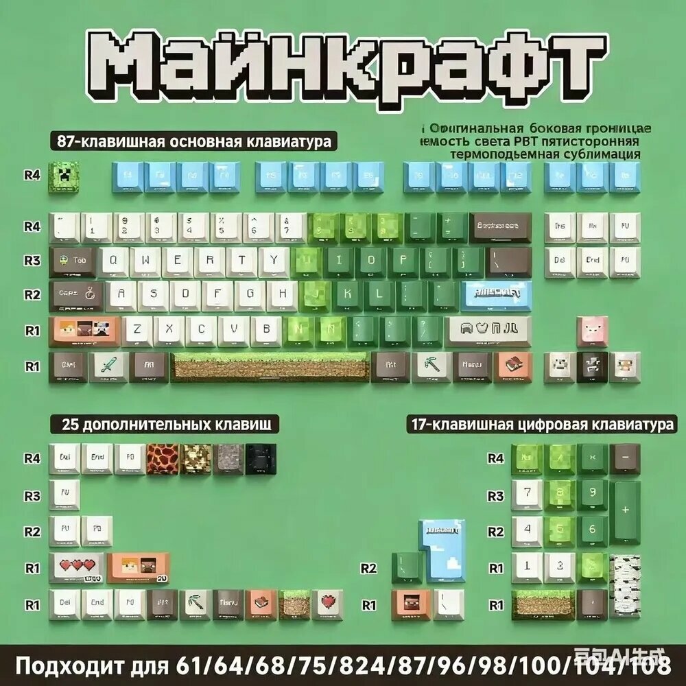 Набор клавиш Minecraft 129 клавиш PBT, пятисторонняя термосублимация, боковая подсветка