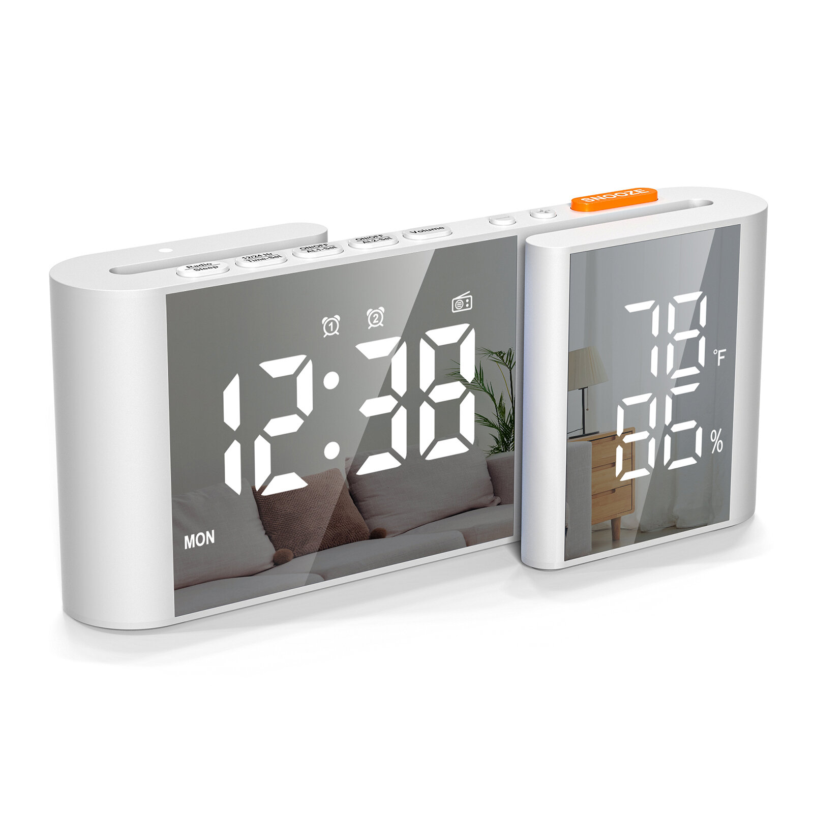 Часы-беспроводные S-shaped Dual Mirror Digital Alarm Clock 6 дюймов с регулируемым подсветкой, с двумя будильниками, отображением даты, недели, месяца, температуры, влажности, 70 каналов радио, черный/белый цвет, ABS+PC, Type-C, 5V/1A, 1*3V CR2032,