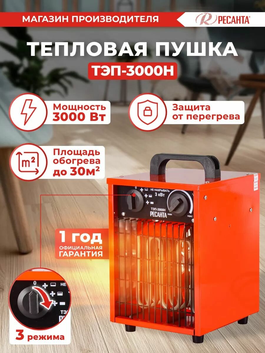 Тепловая электрическая пушка ТЭП-3000Н компактная Ресанта - 30 м2 / 3000 Вт ; обогреватель для дома