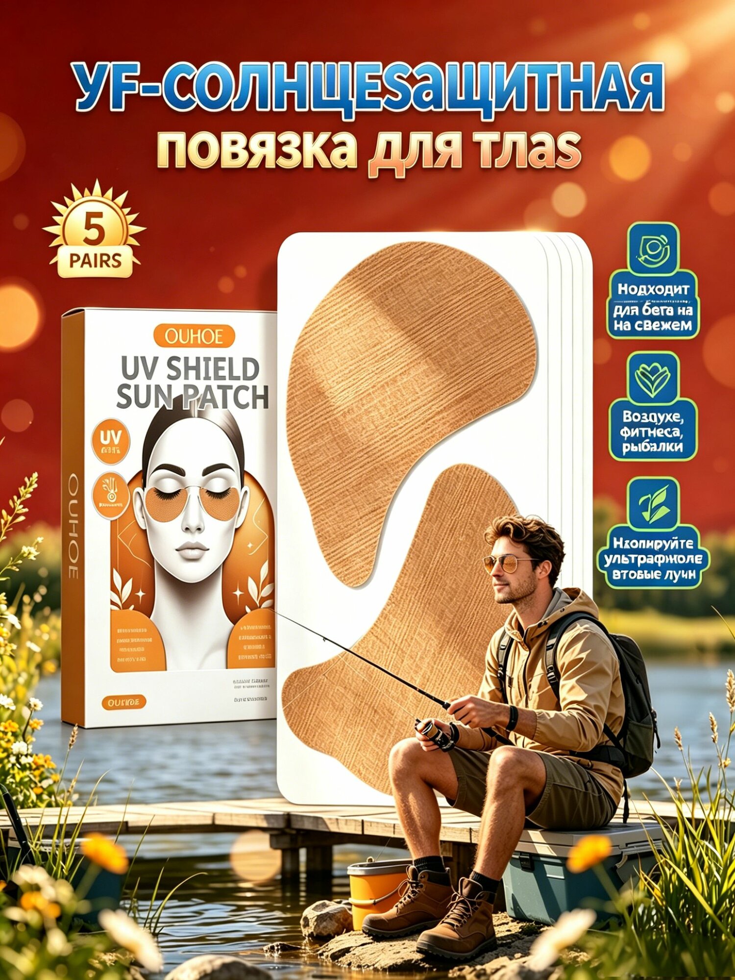 OUHOE 5 пар Защитные патчи для глаз от солнца UV для бега, фитнеса, рыбалки, лёгкие и дышащие,