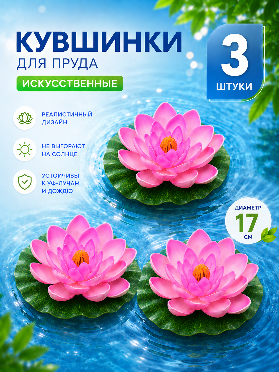 Кувшинки для пруда искусственные, 17 см, нежно-розовый, набор 2 шт.
