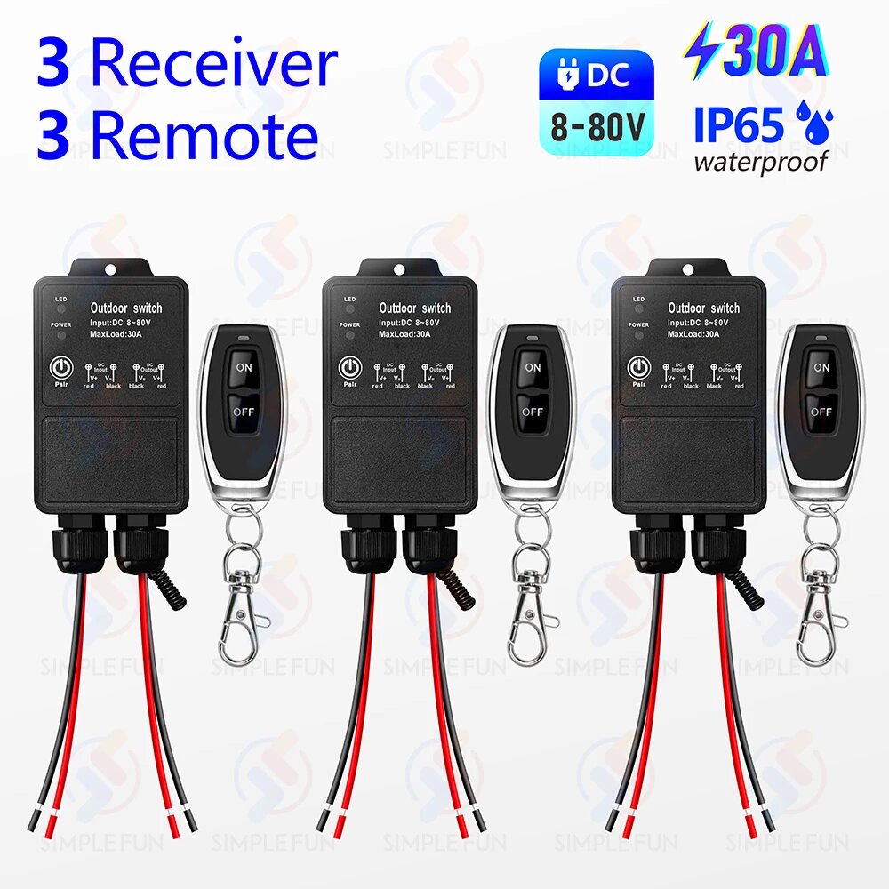 Беспроводной выключатель 3 Receiver 3 Remote, 8-80V, 30A, IP65