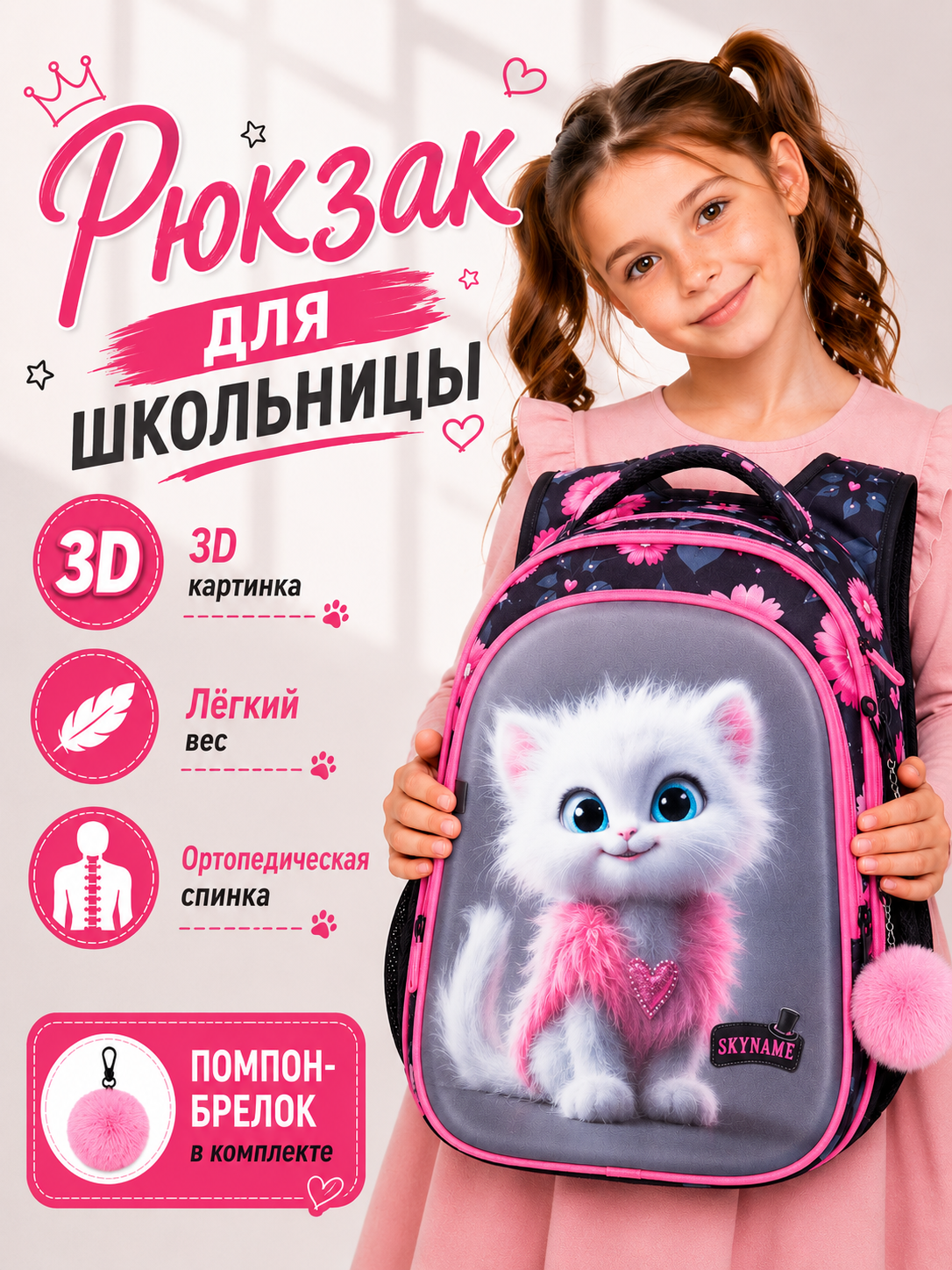 Рюкзак школьный для девочки первоклассницы + брелок SkyName (Скайнейм)