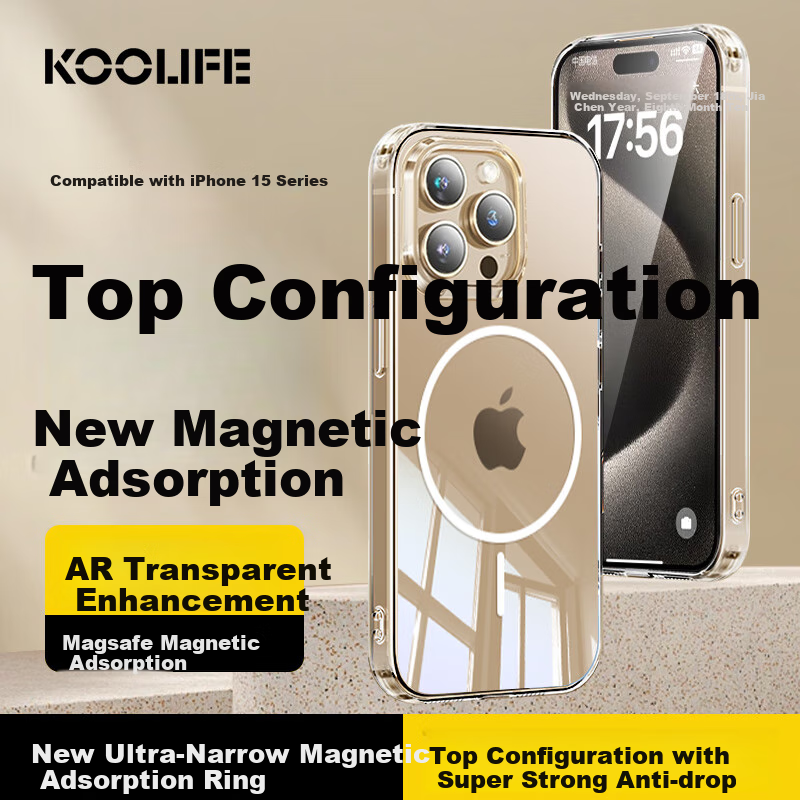 KOOLIFE iPhone 15 Pro прозрачная магнитная задняя крышка из ТПУ с защитой от падений ультратонкая простой дизайн