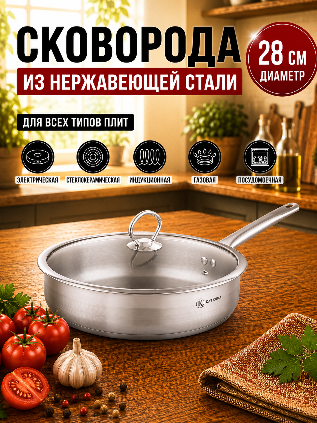 Сковорода София, нержавеющая сталь, 28 см, стеклянная крышка, Катюша