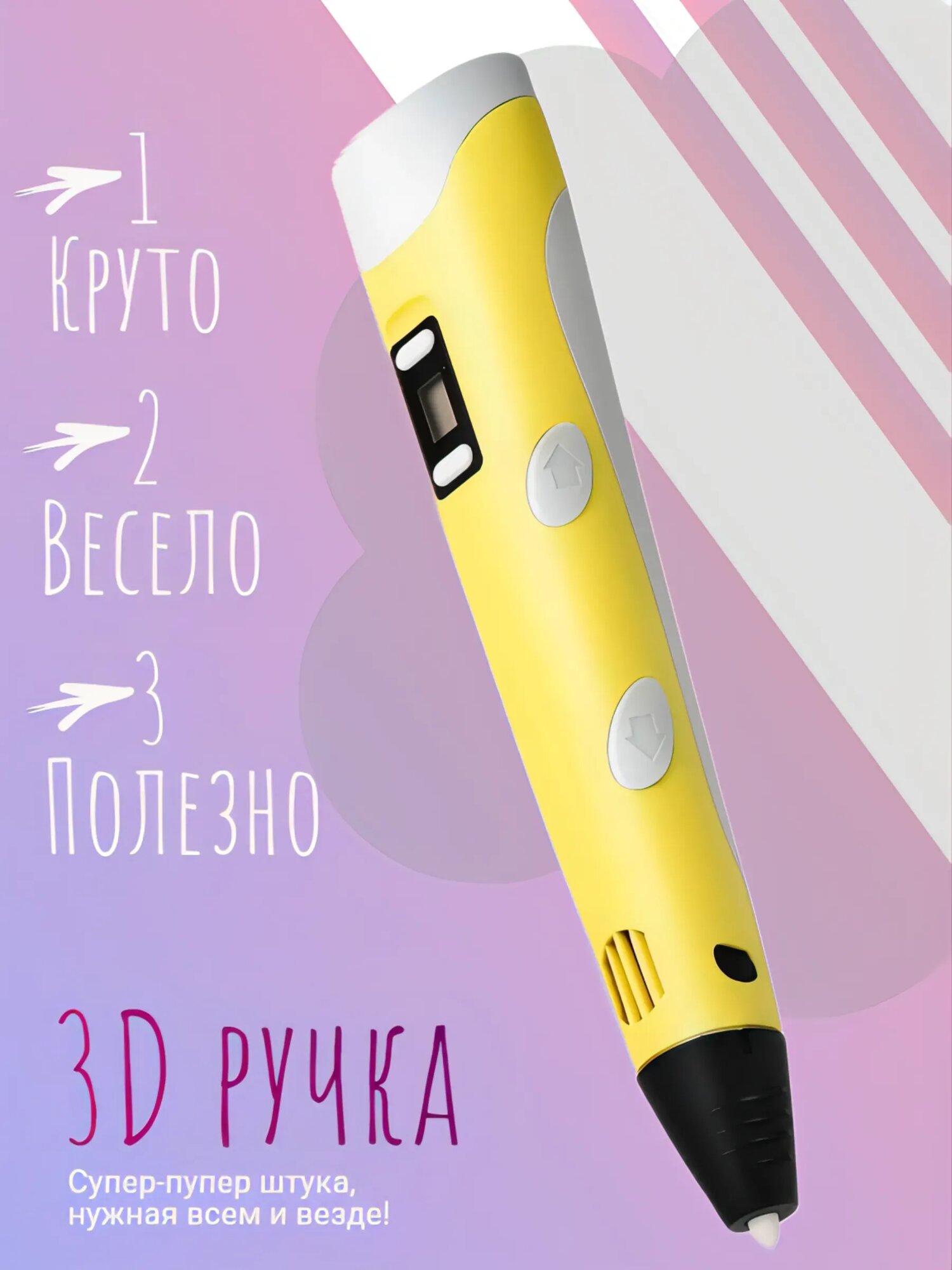 Набор для 3Д-рисования 3D Ручка, 3D Pen-2, с трафаретами, PLA, желтая