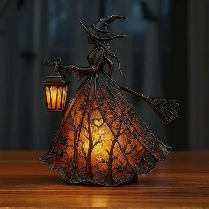 Halloween witch lamp halloween table ornament resin figurine with battery power for seasonal decor broom