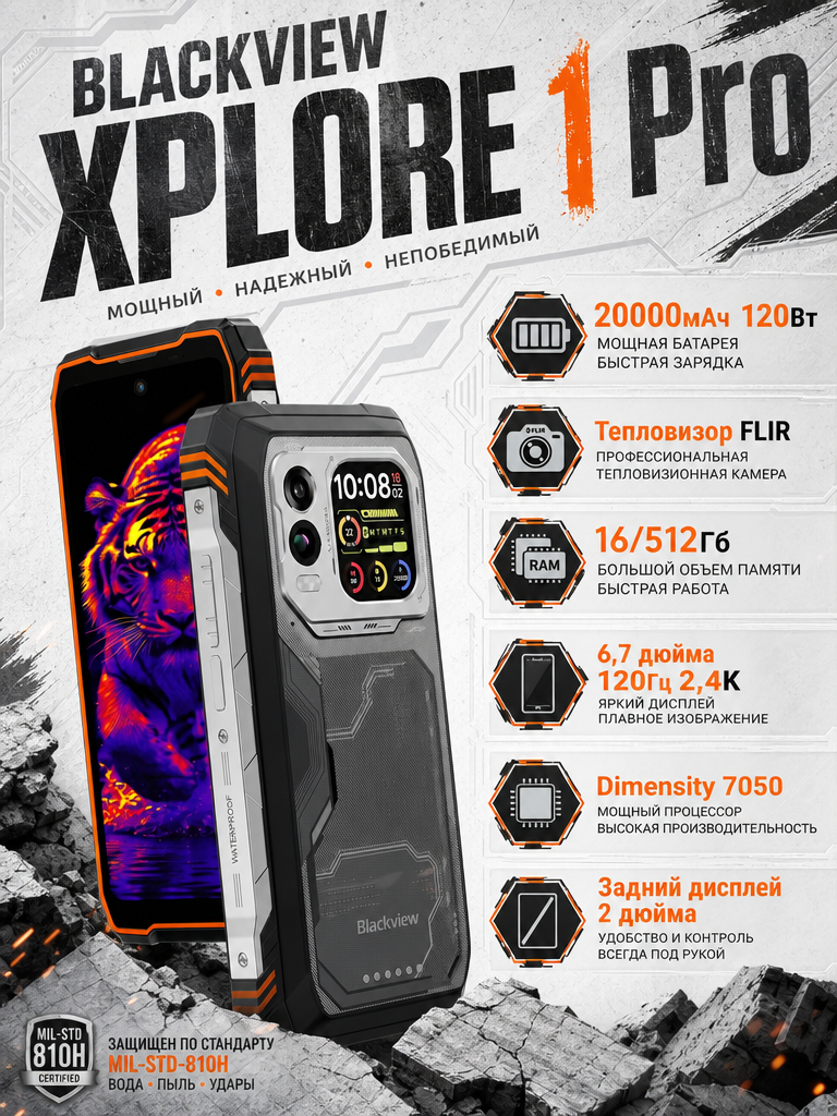 Защищенный смартфон Blackview XPLORE 1 Pro 16/512Гб Orange, 20000мАч, Тепловизор, Фонарь, Два экрана,120Гц, Гарантия год