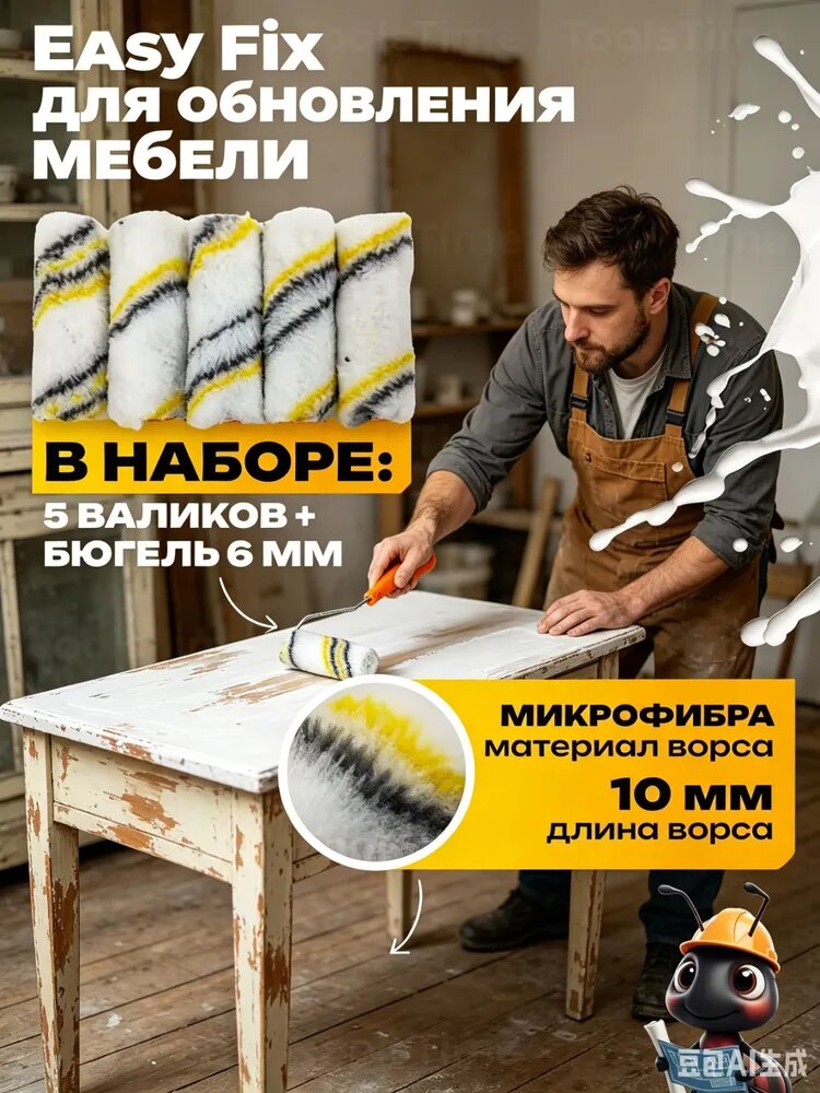 Комплект валиков для краски по металлу, 5 штук, ворс 10 мм, подходит для дерева и бетона