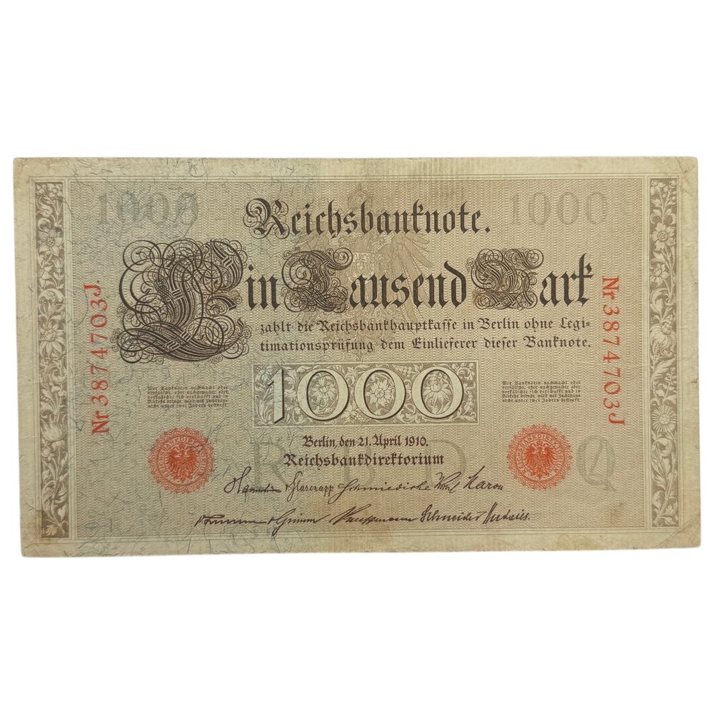 Германская империя 1000 марок 1910 г. (Красные печати) (Литера Q) (Серия J) (7-значный номер)