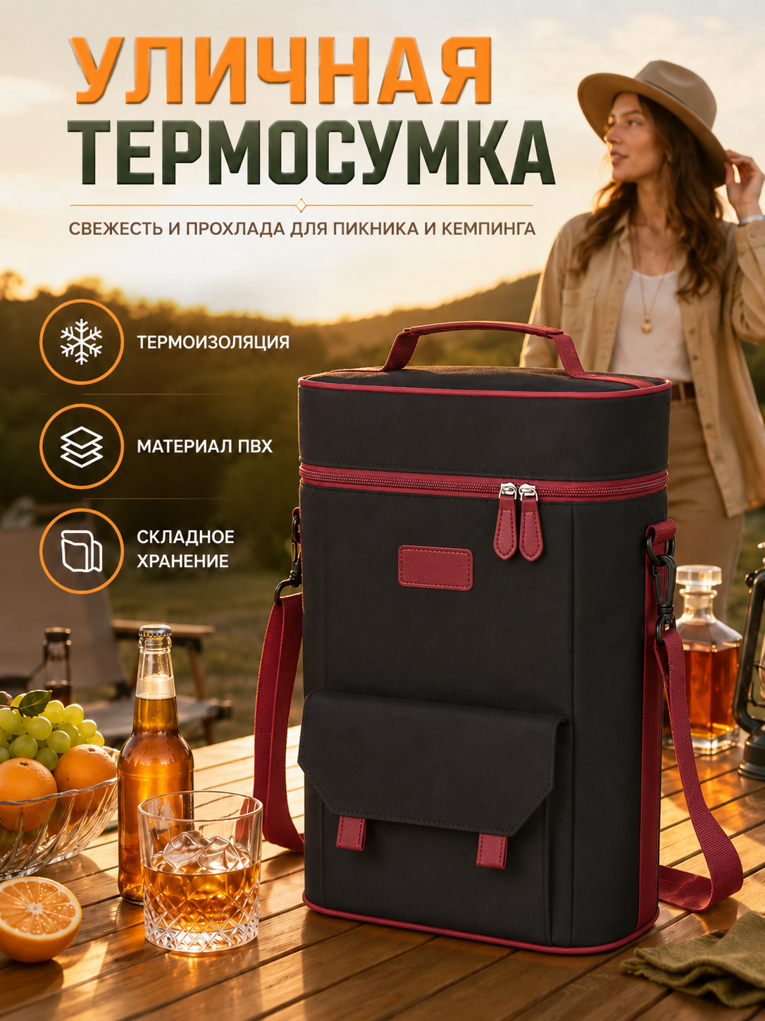 Сумка для термоса туристическая с отделениями, мягкий чехол-переноска для термоса, мате и походных принадлежностей на природу и пикник