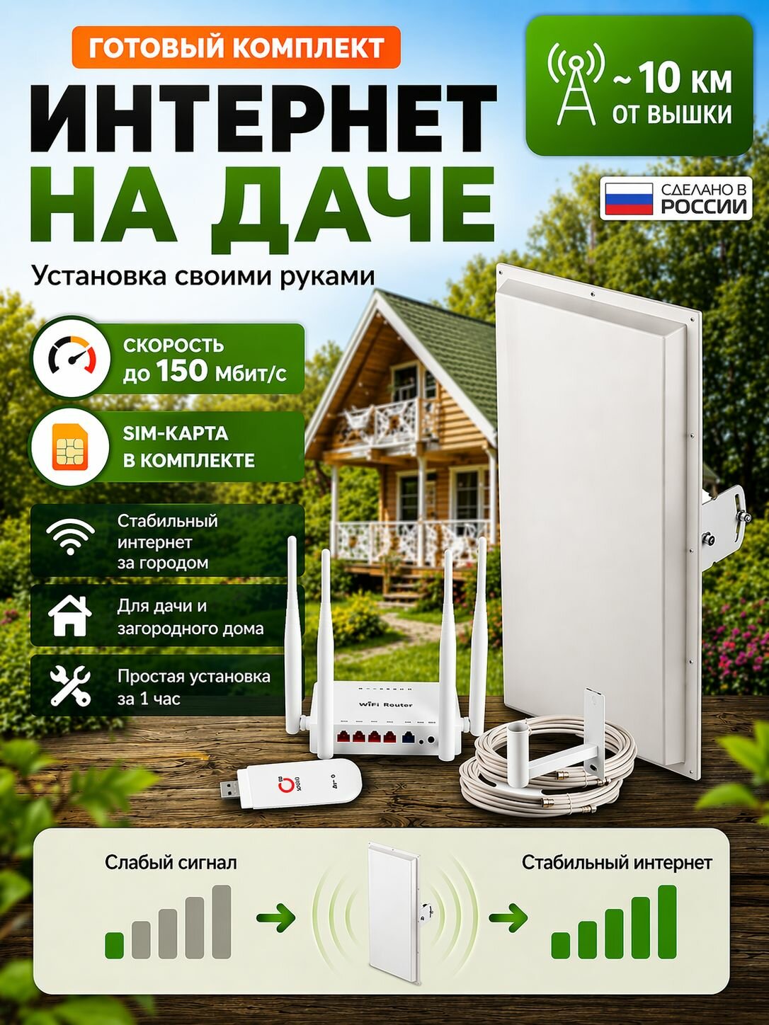 Интернет на дачу - комплект оборудования усиления сигнала 3G/4G LTE - Оптимальный загород, антенный усилитель