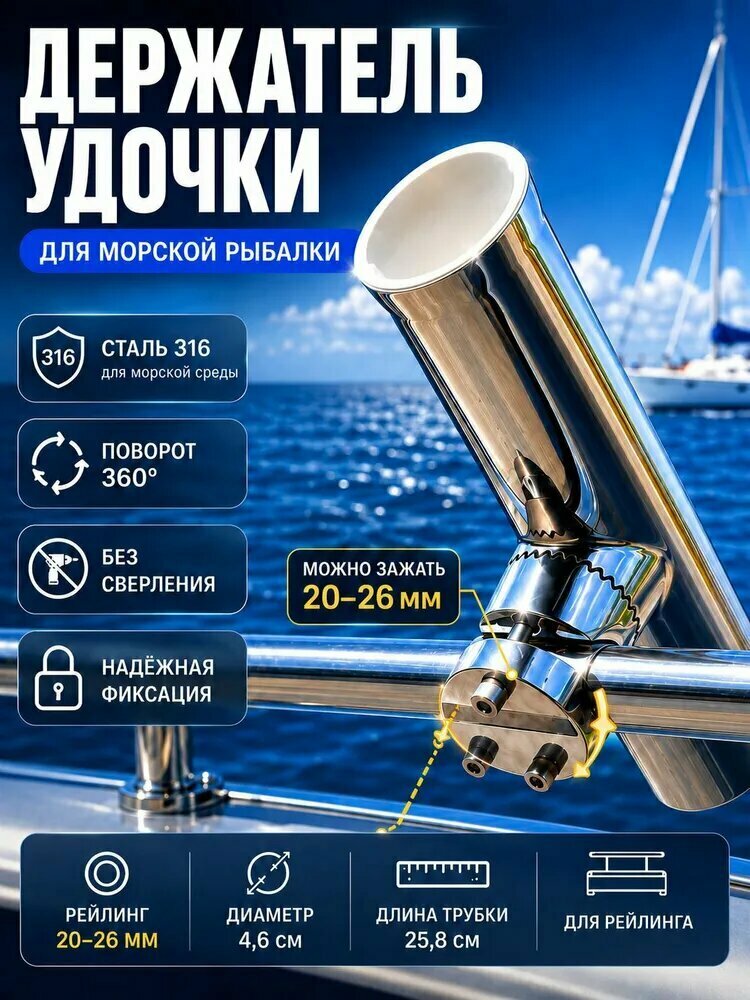 Держатель удочки на лодку, сталь 304, поворотный 360 , для рейлинга 20x26 мм