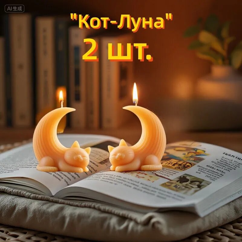 Набор силиконовых форм "Кот-Луна" для аромасвечей 2 формы, пищевой силикон, милый дизайн