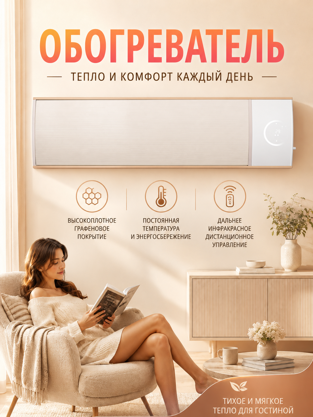 Обогреватель графеновый настенный электрический, инфракрасный нагреватель с пультом ДУ, тихая работа, мягкое тепло для гостиной и жилых комнат