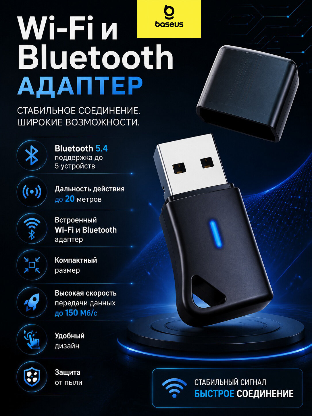Адаптер Wi-Fi + Bluetooth V5.4 Baseus Wireless Adapter BA04+ (A10082600121-00) черный