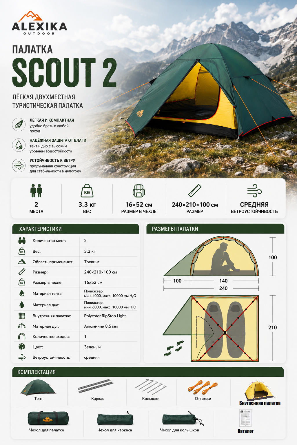 Палатка Alexika "Scout 2", двухместная, 2 слоя, алюминиевая, 3,3 кг