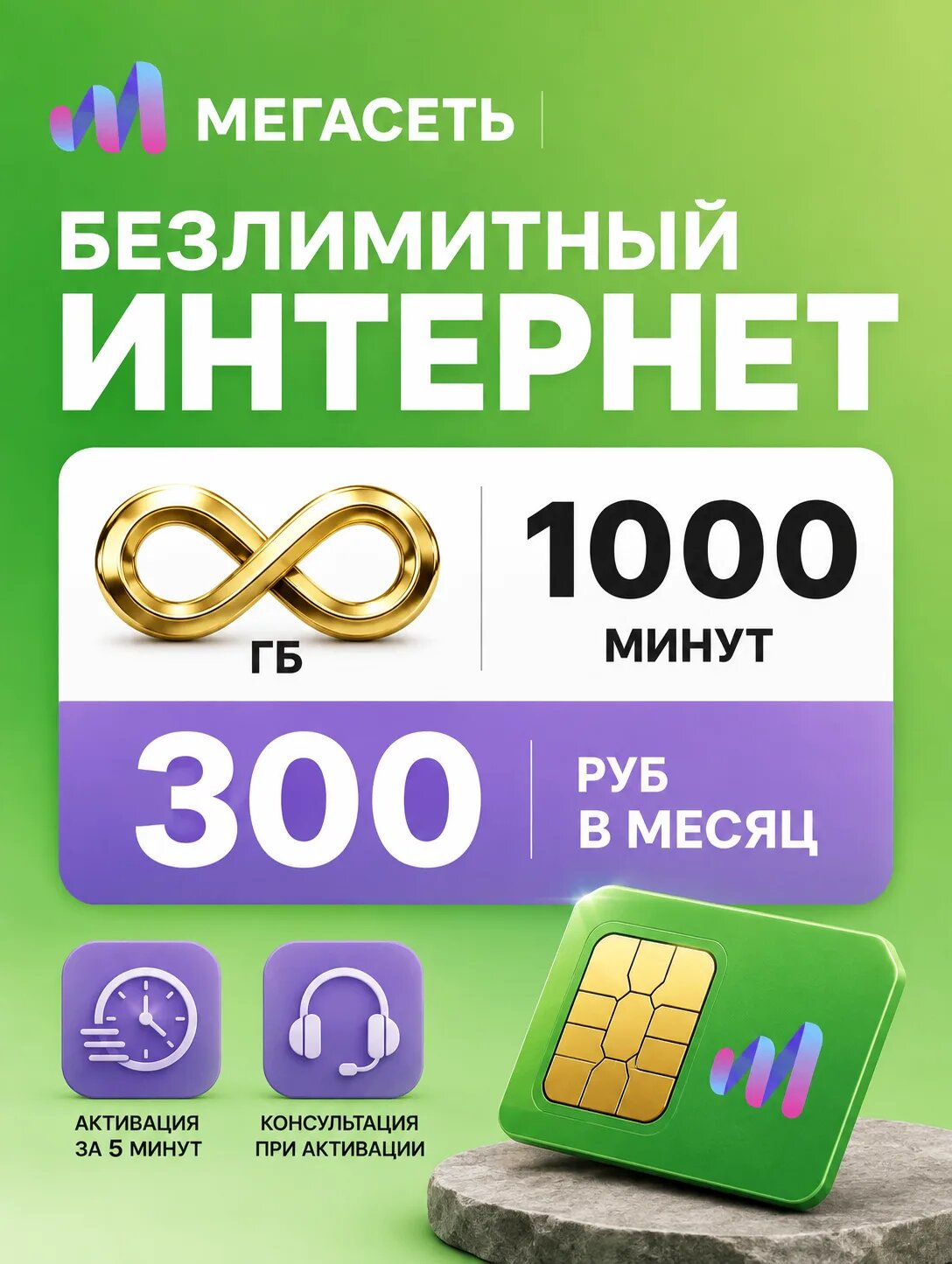 Сим карта для телефона на базе МегаФон. Безлимитный интернет, 1000 минут. За 300 руб.